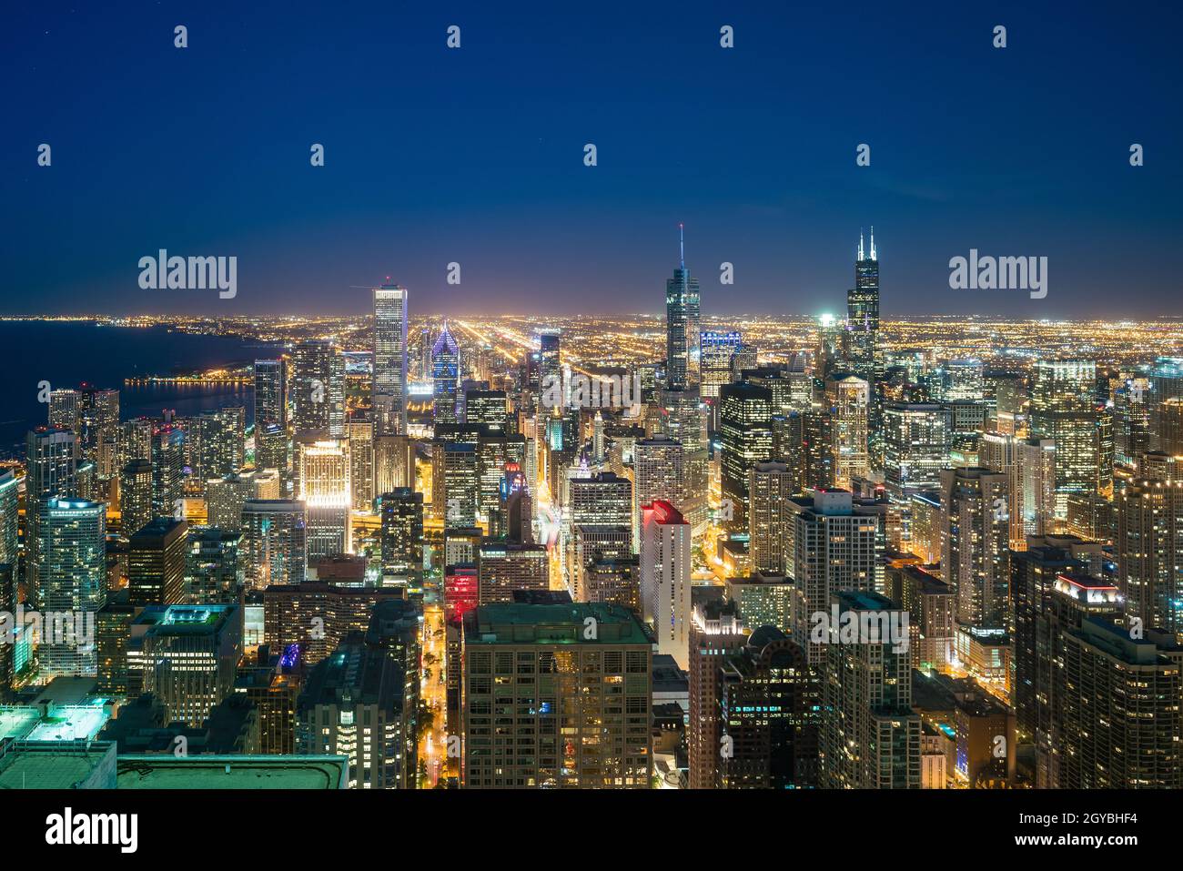 Aerial view of Chicago downtown skyline at sunset from high above Stock ...