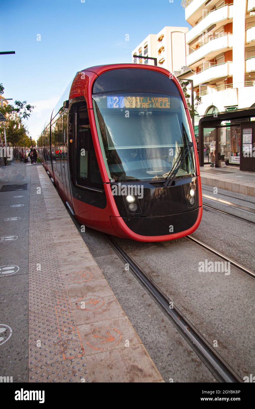 The electric tram in Nice, France offers punctual supply at the station ...