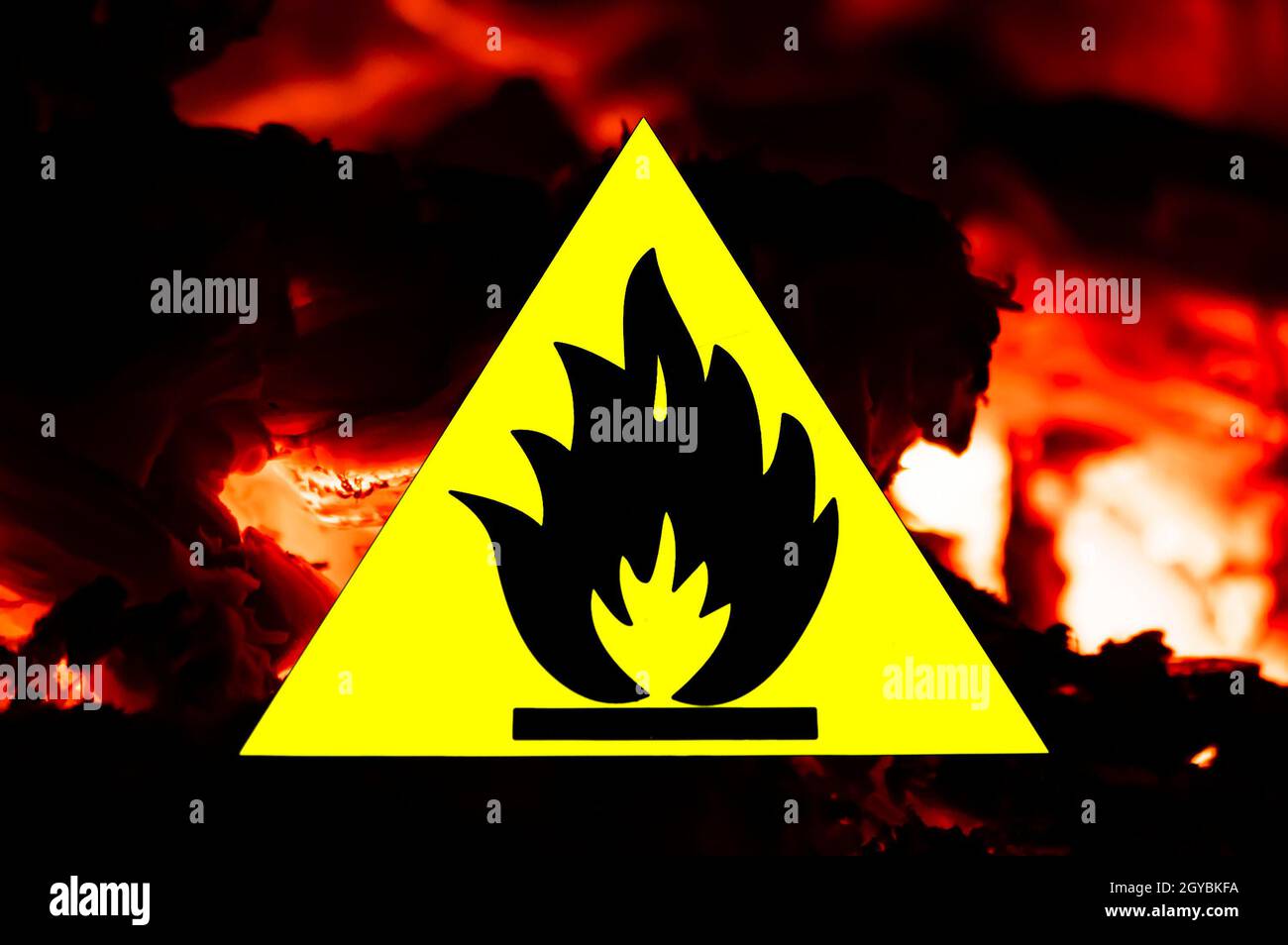 Fire warning sign on the background of fire. Fire on a yellow ...