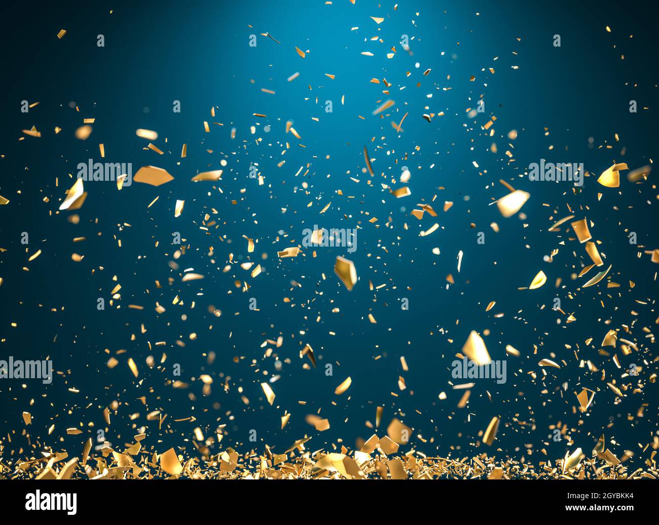 rain of gold metallic fragments on a blue background. 3d render Stock ...