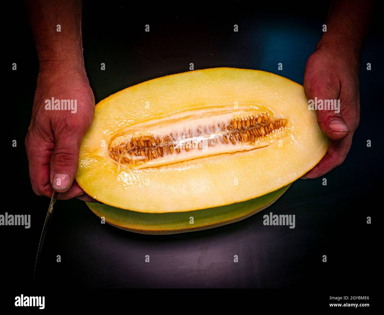 A yellow melon cut with a knife in the hands of a man. Food photo ...