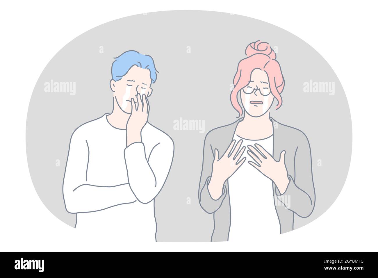 Grief, crying, sadness concept. Young unhappy couple cartoon characters ...