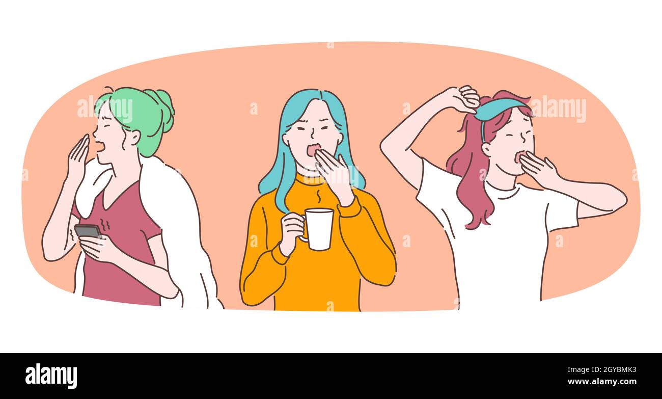 Feeling sleepy and tired concept. Young teen girls cartoon characters ...