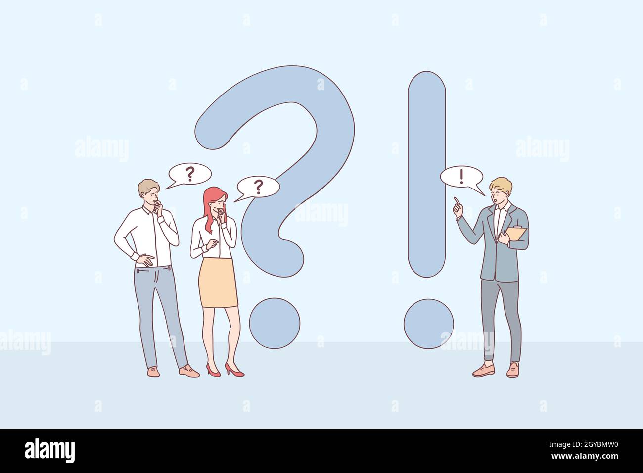 Questions and answers concept. Young business people cartoon characters ...