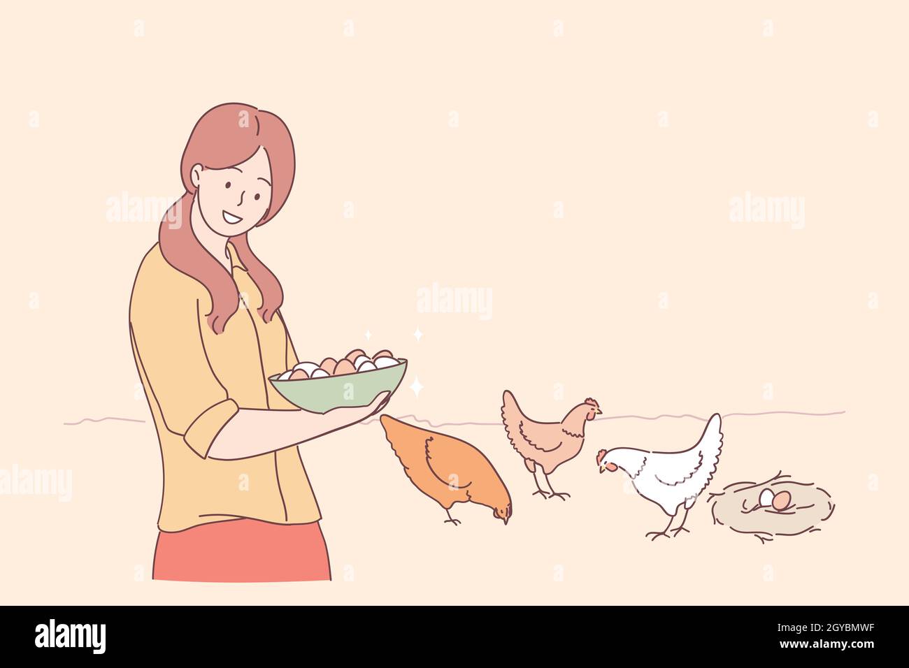 Farm, agriculture, farmer concept. Young smiling woman cartoon ...