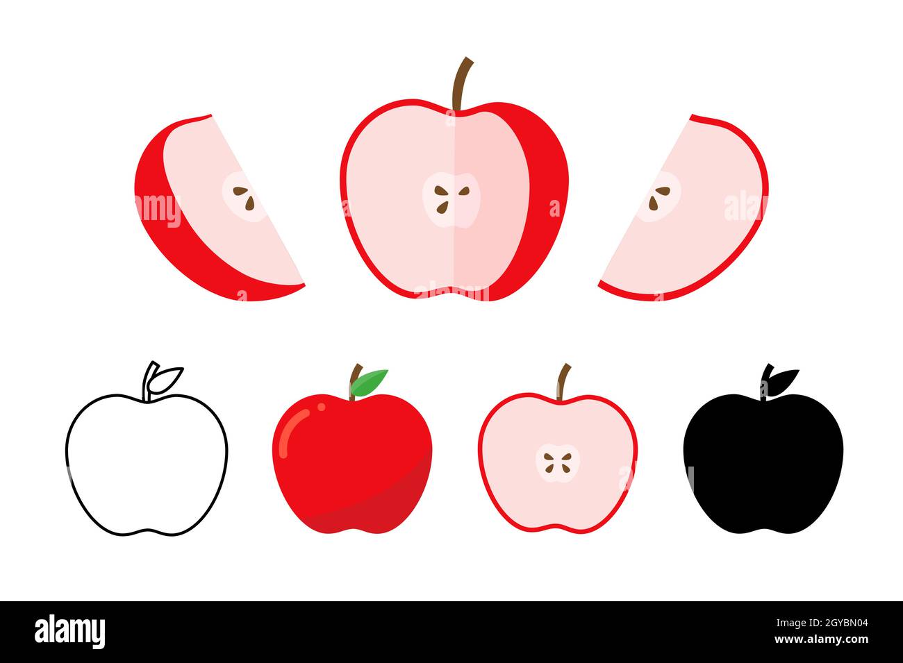 Red Apple half and slice. Set of red apple whole and ripe. Vector ...