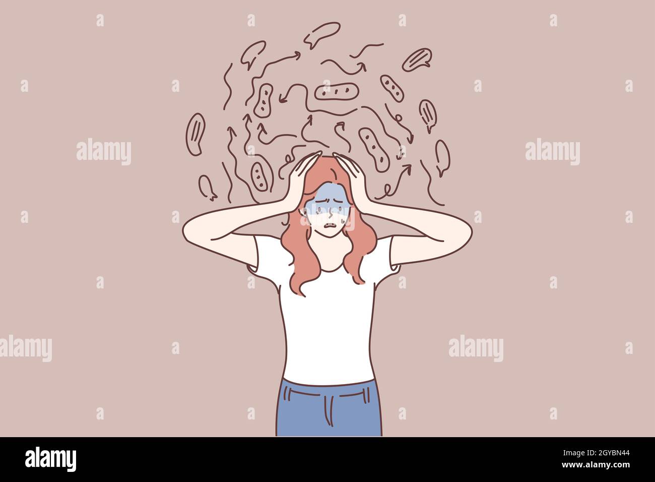 Mental chaos, frustration, anxiety concept. Frustrated woman cartoon ...