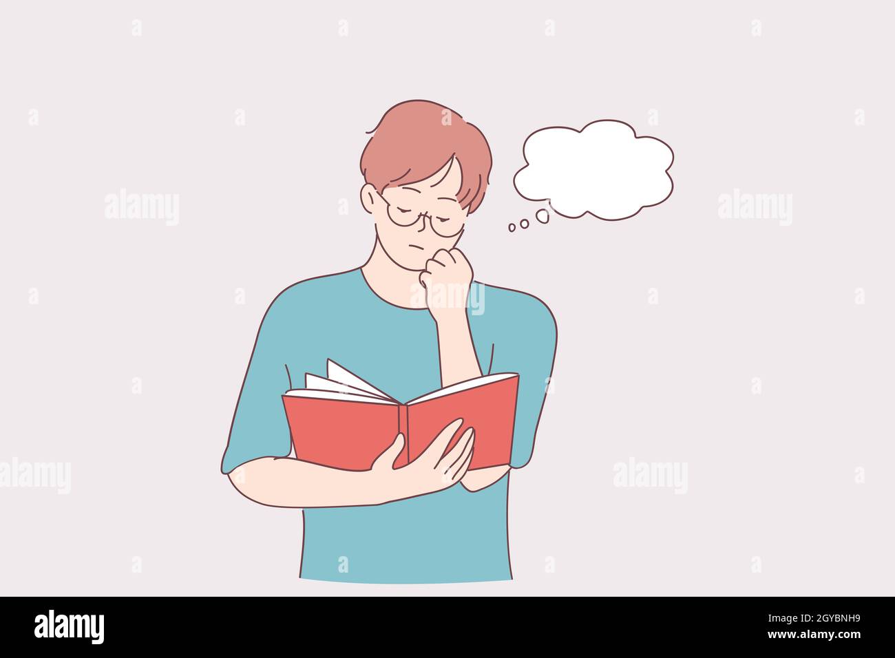 Reading, concentration, hobby concept. Portrait of young serous man ...