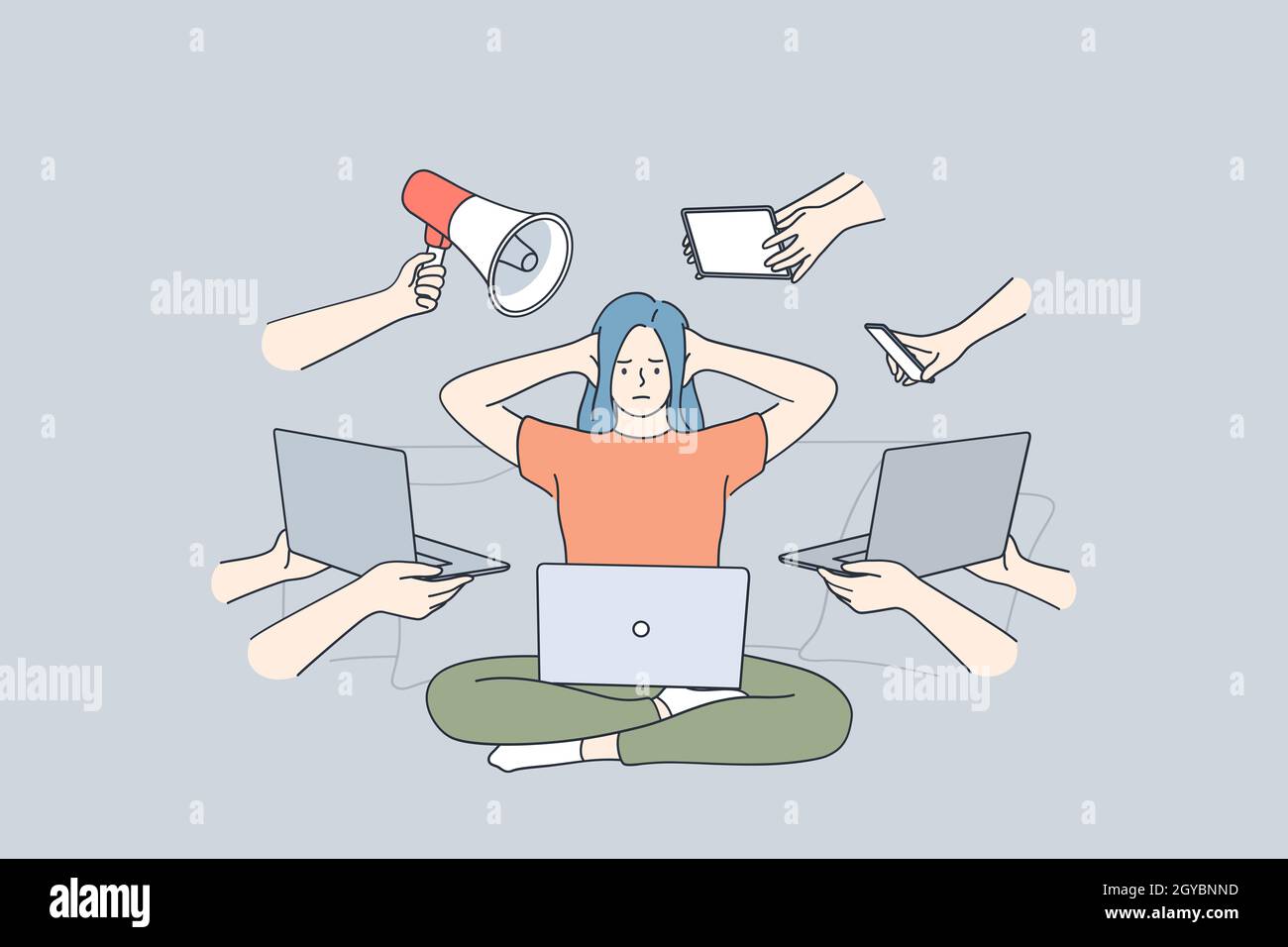 Multitasking, stress, business efficiency concept. Young frustrated ...