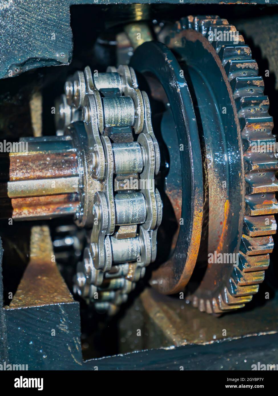 Gears and chain of the rotating shaft of the vehicle. Car gears. Engine ...