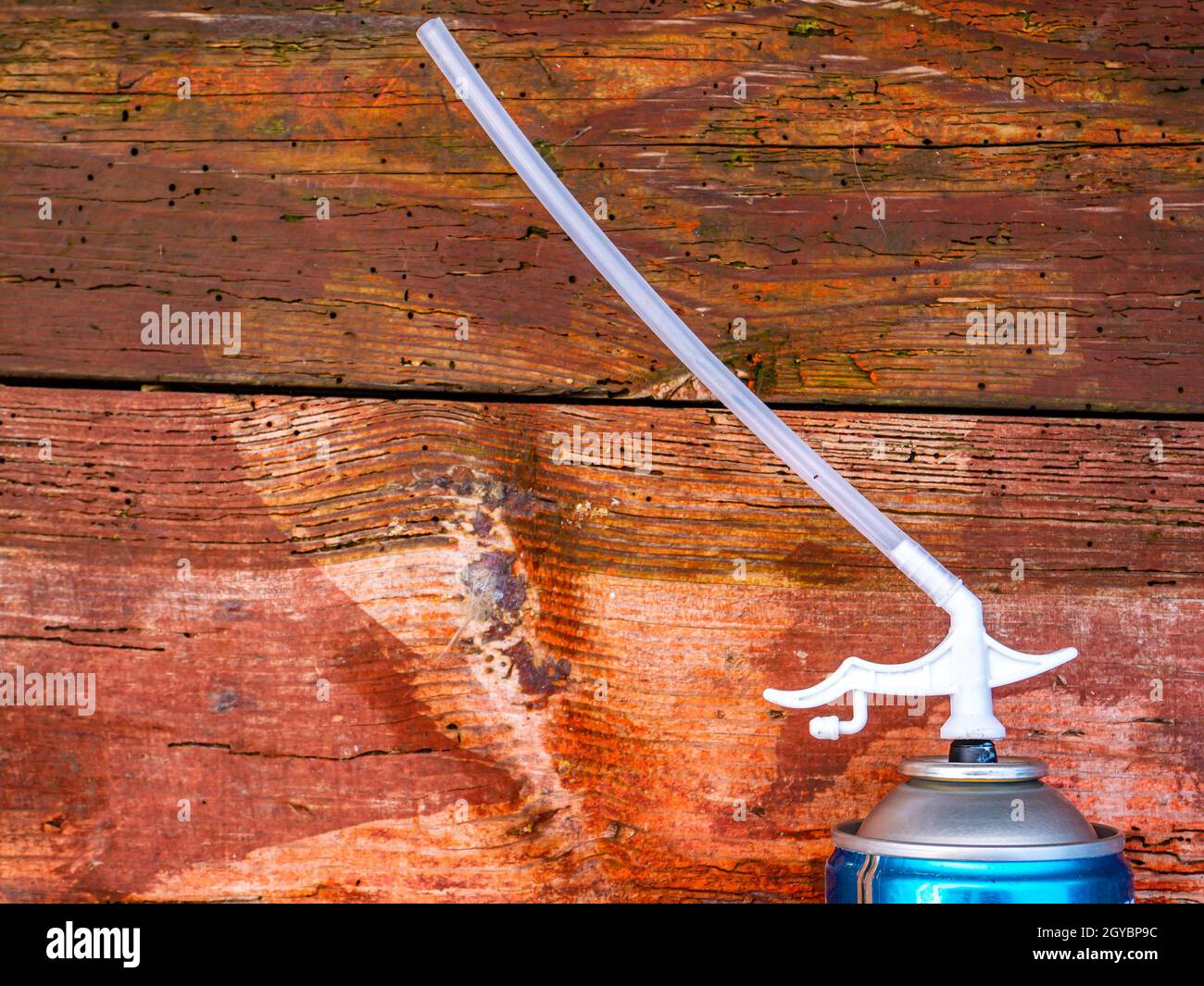 Construction foam cylinder on a wooden background. Polyurethane foam ...