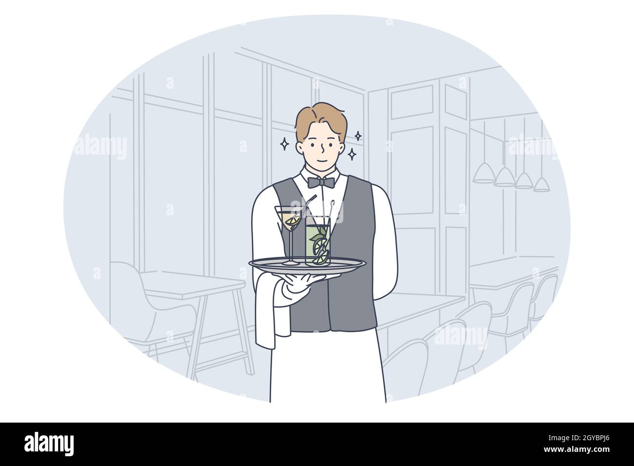 Excellent service, waiter profession, occupation concept. Young smiling ...