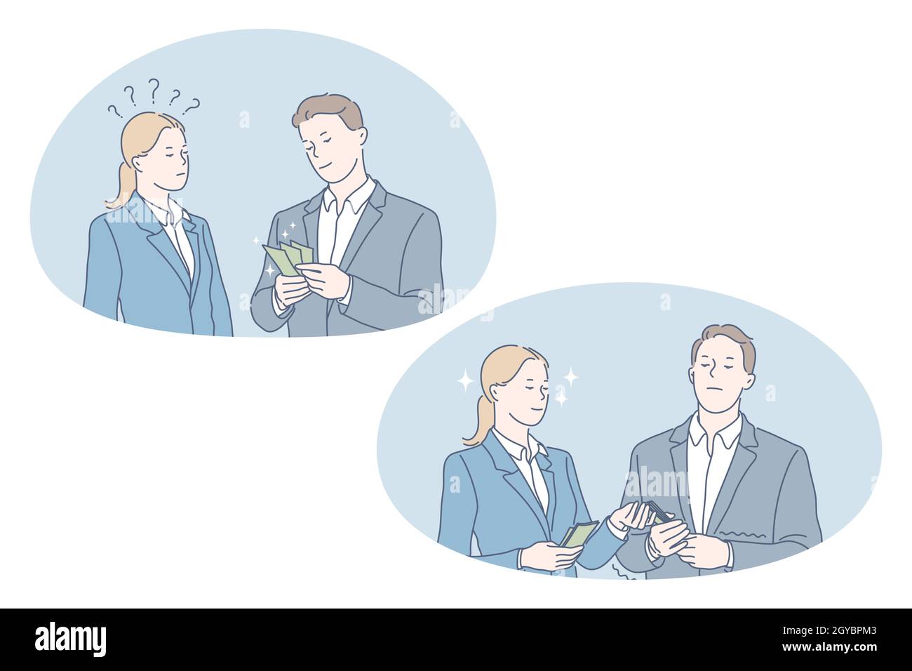 Earning money, profit, salary concept. Young woman and man business ...