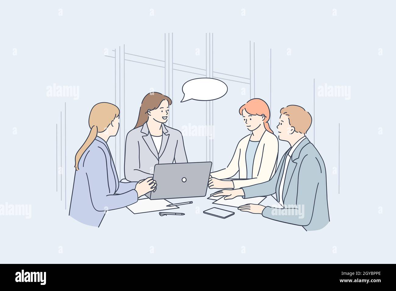 Teamwork, brainstorm, business communication concept. Group of positive ...