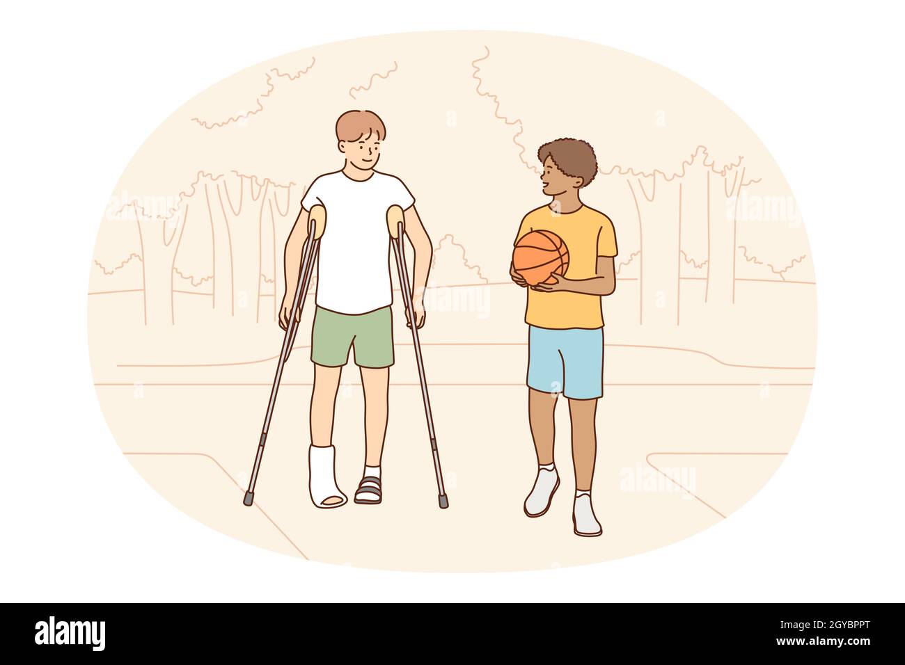 Injuries and broken leg concept. Young smiling boys friends one with ...