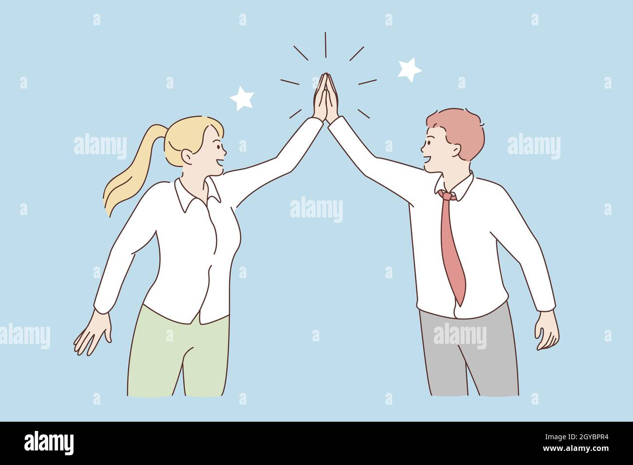 Giving five and collaboration concept. Young positive man and woman ...