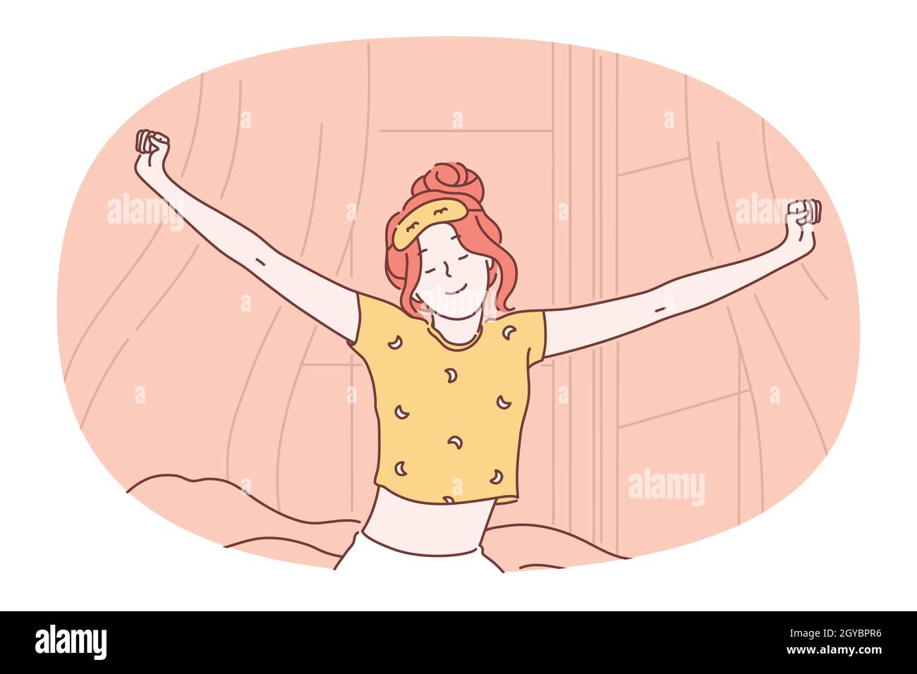 Morning waking up concept. Young smiling happy girl cartoon character ...
