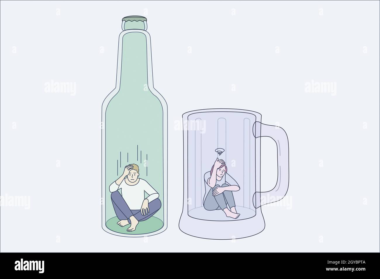 Addiction to alcohol and depression concept. Two young depressed people ...