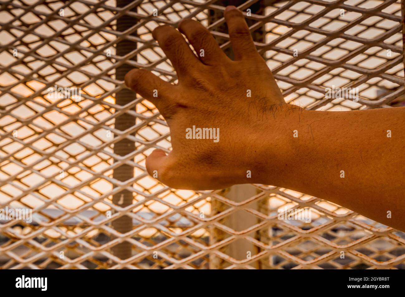 Close up hand of man holding white metal cage protect safety concept ...