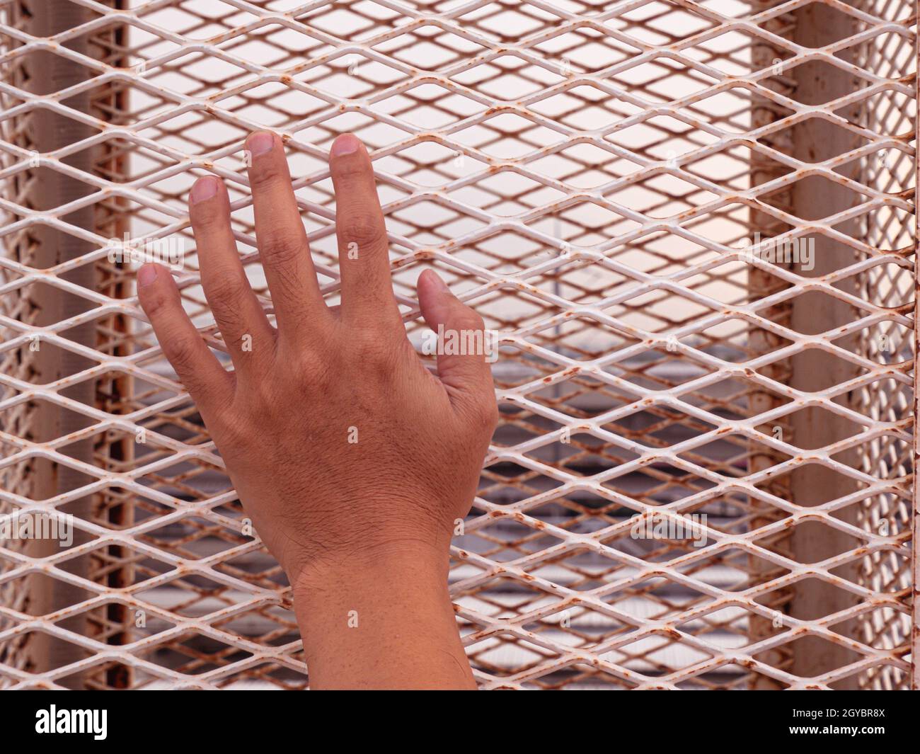 Close up hand of man holding white metal cage protect safety concept ...