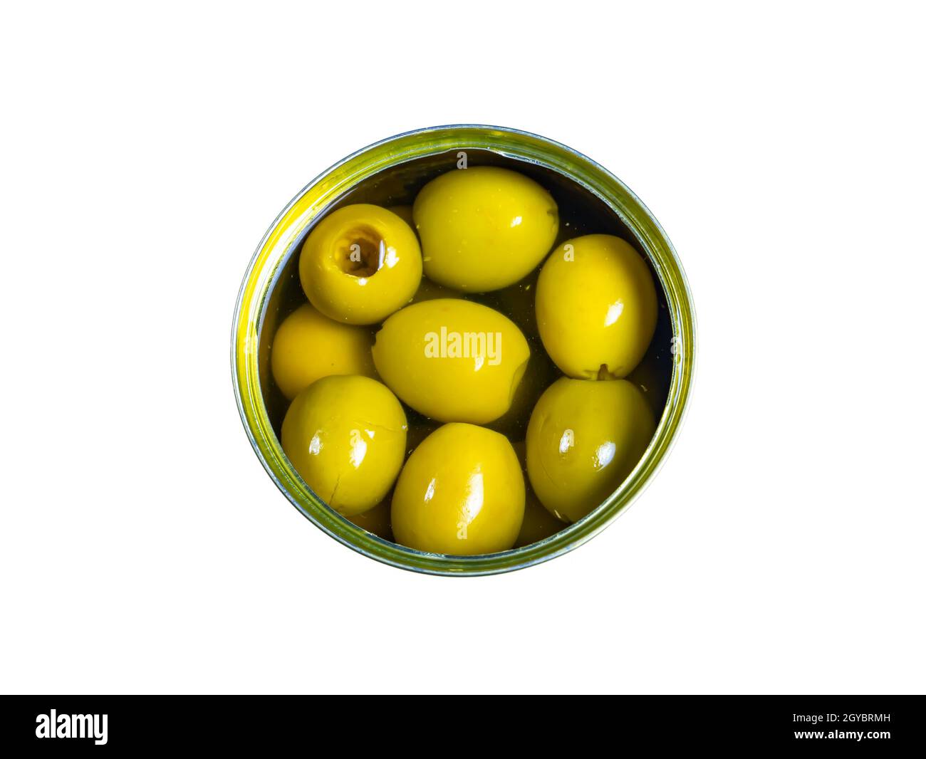 Green olives in a tin can on a white background. Green olive fruits ...