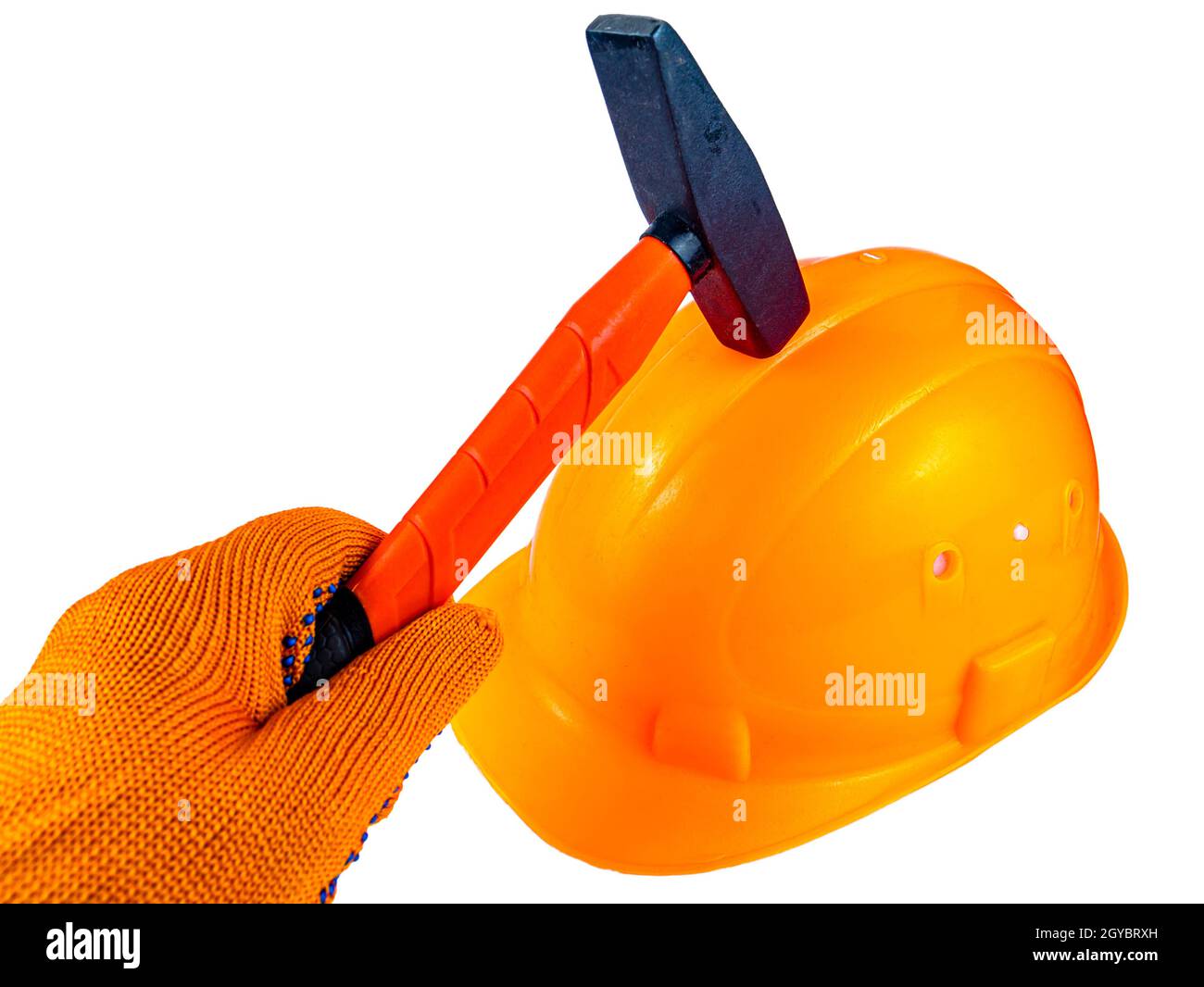 Orange protective construction helmet and iron hammer. Iron hammer ...