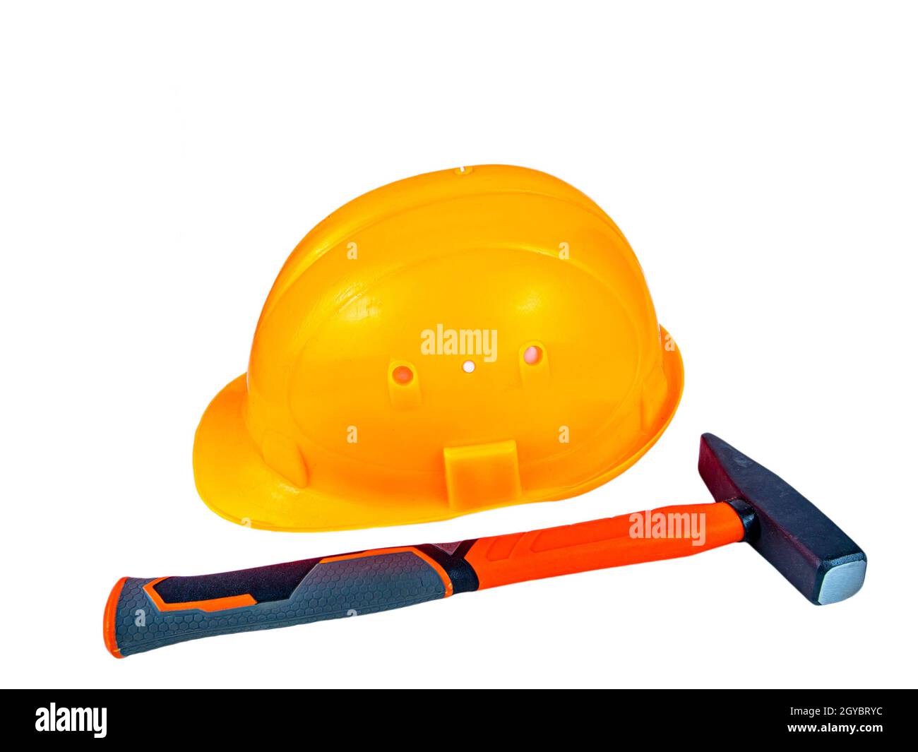 Orange protective construction helmet and iron hammer. Iron hammer ...