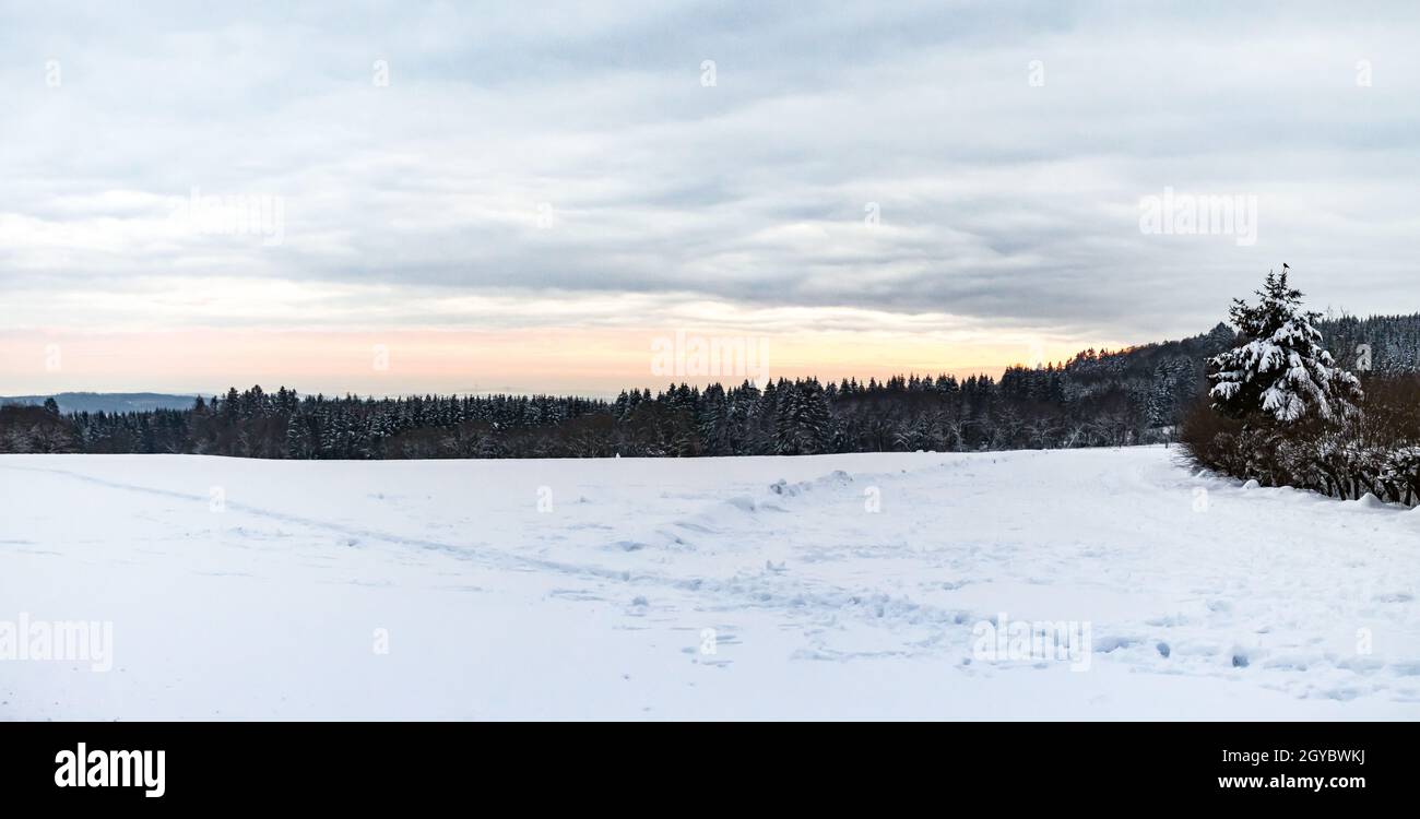 Beautiful panoramic landsape scene with a lot of snow in winter in ...