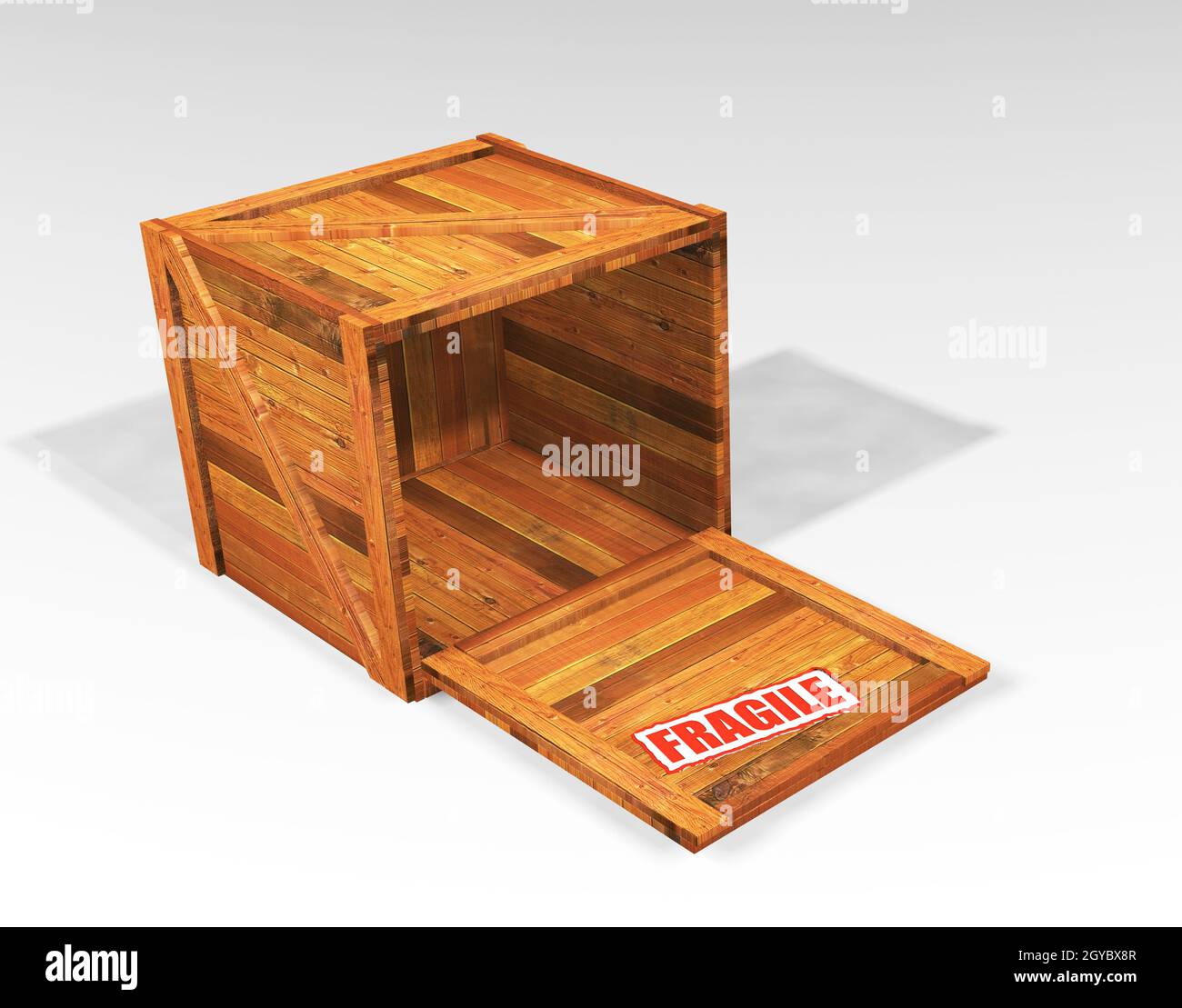 3D render of an open wooden crate with a fragile sticker Stock Photo ...