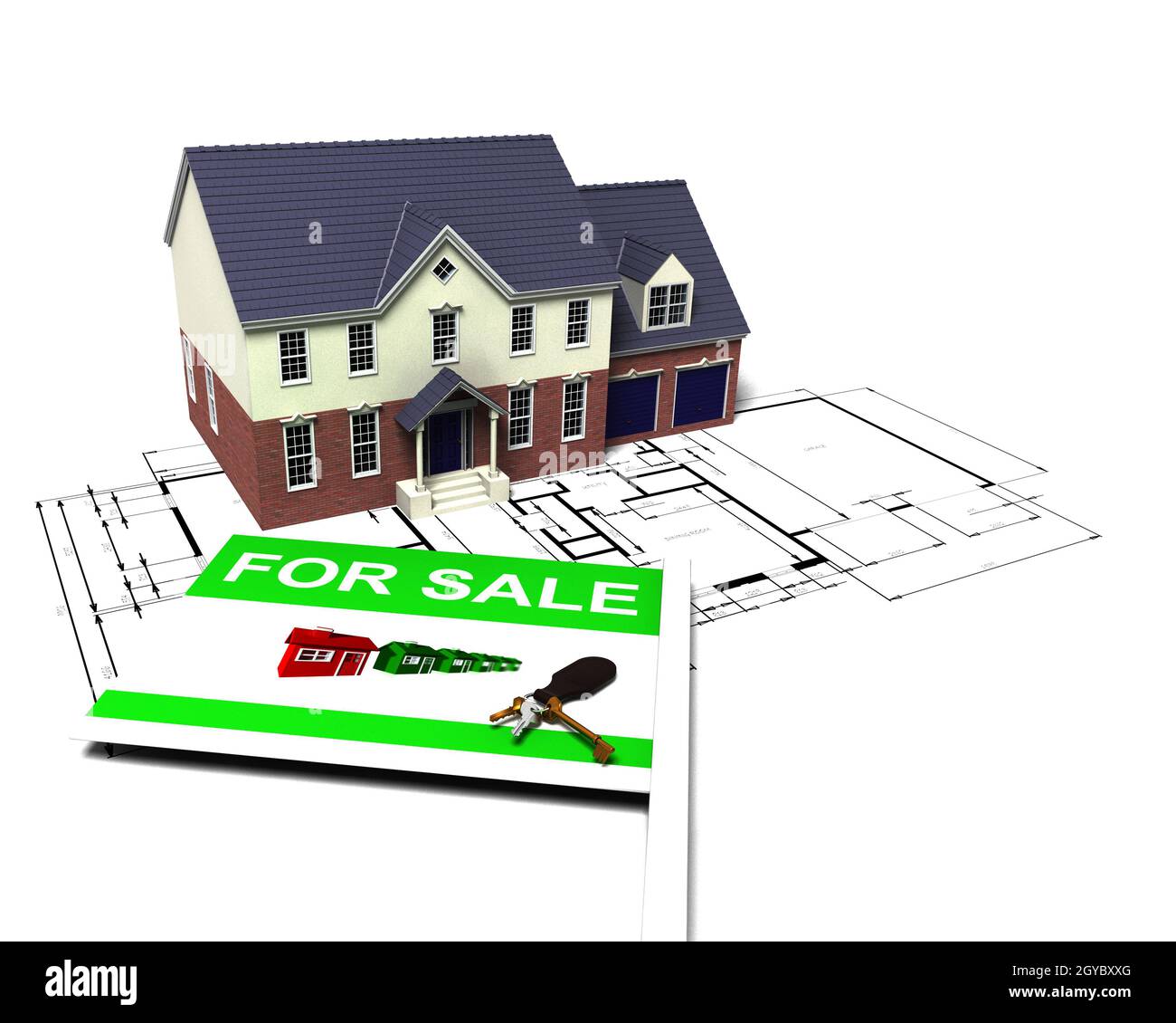 3D render of a house on blueprints with for sale sign Stock Photo - Alamy