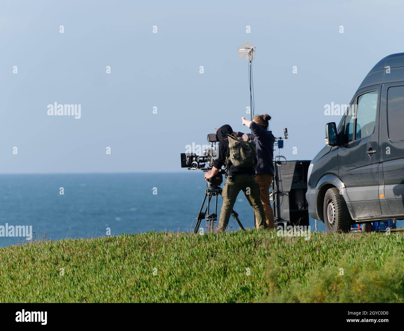 Cornwall UK, Newquay. Location filming at Fistral beach. The two ...
