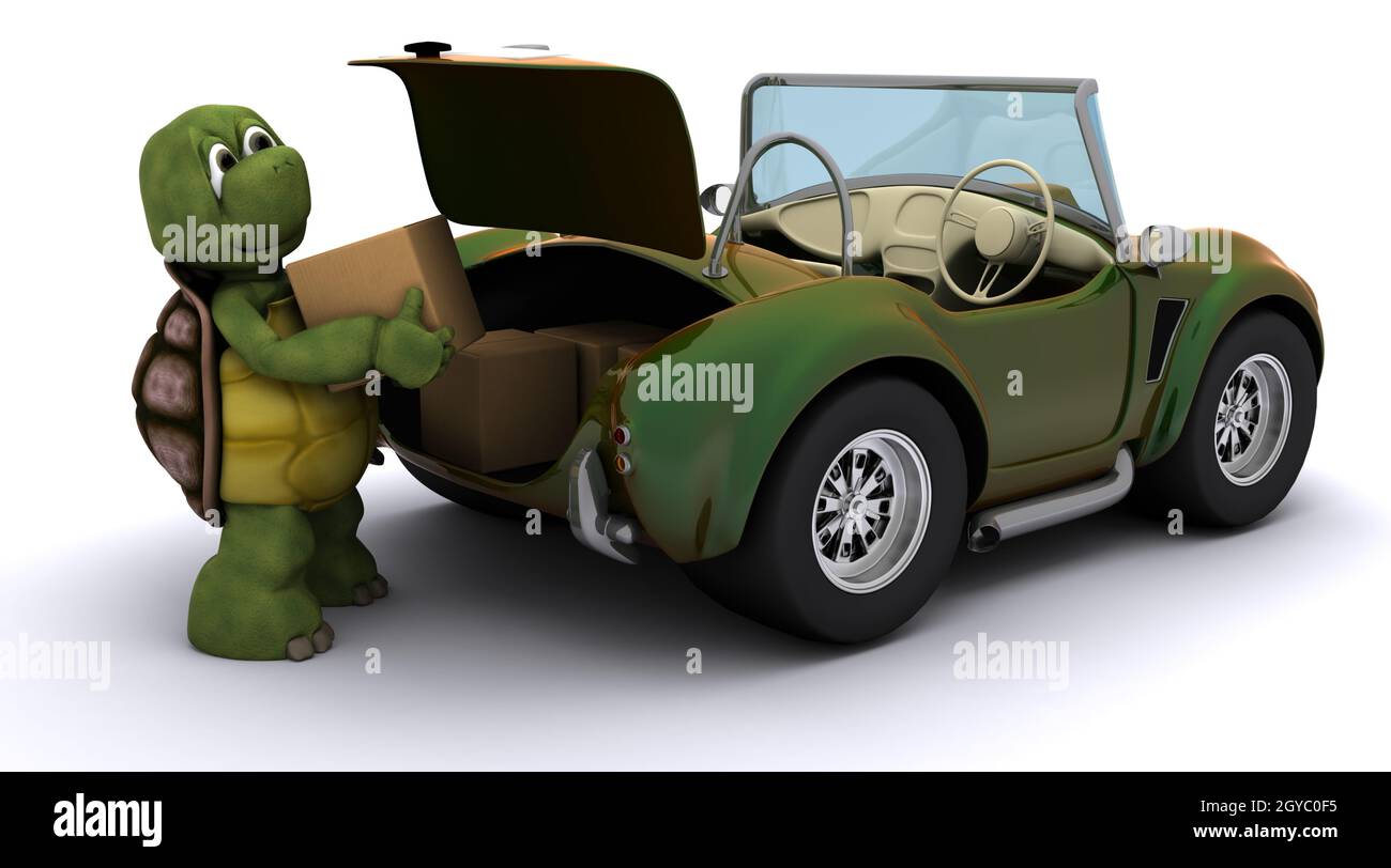 3d render of a tortoise loading boxes in a car Stock Photo - Alamy