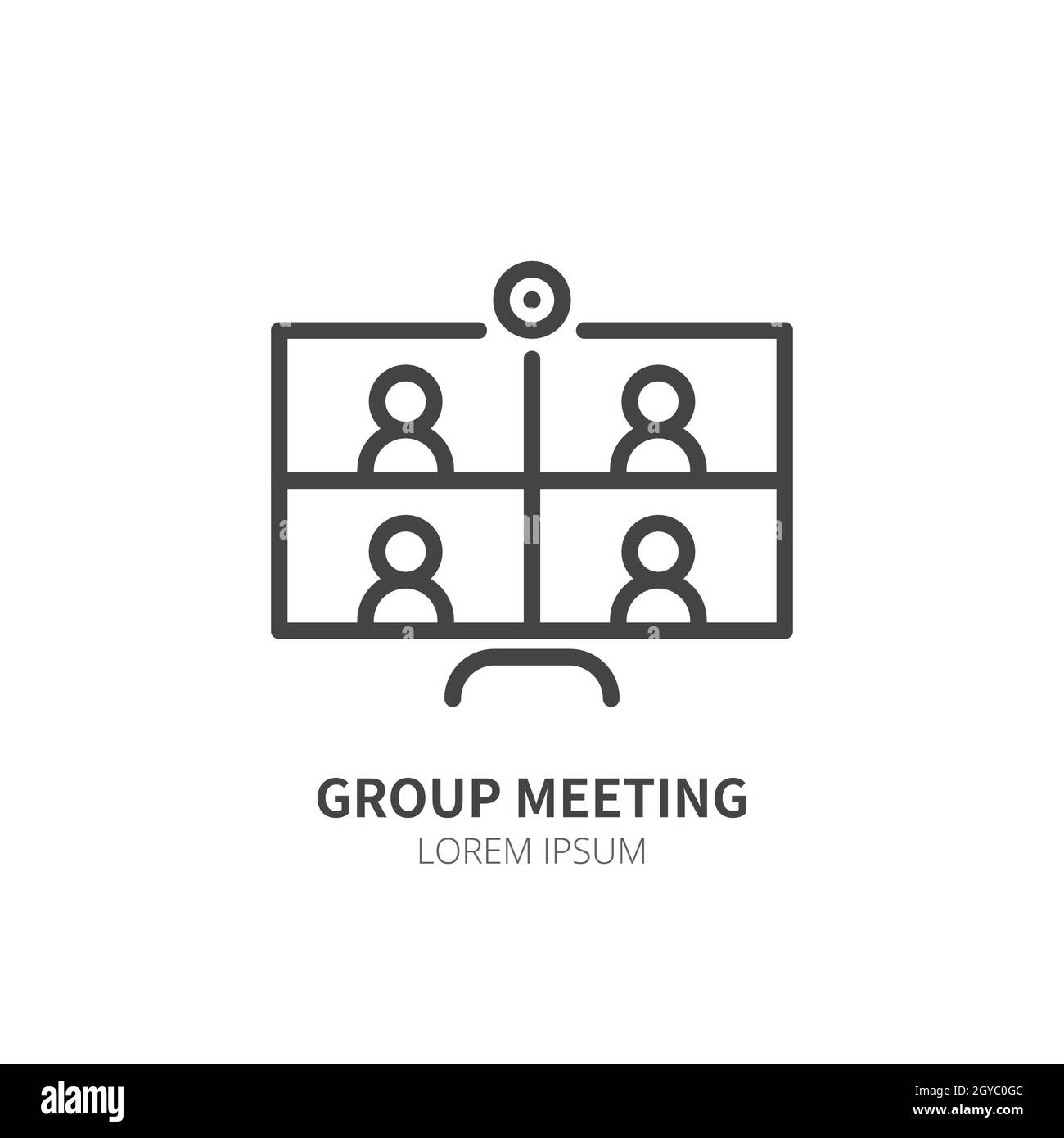 Computer with four people conferencing, online meeting line icon ...