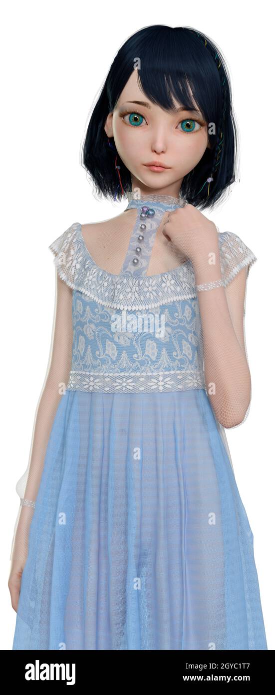 3D rendering of a pretty doll in a blue vintage dress isolated on white ...