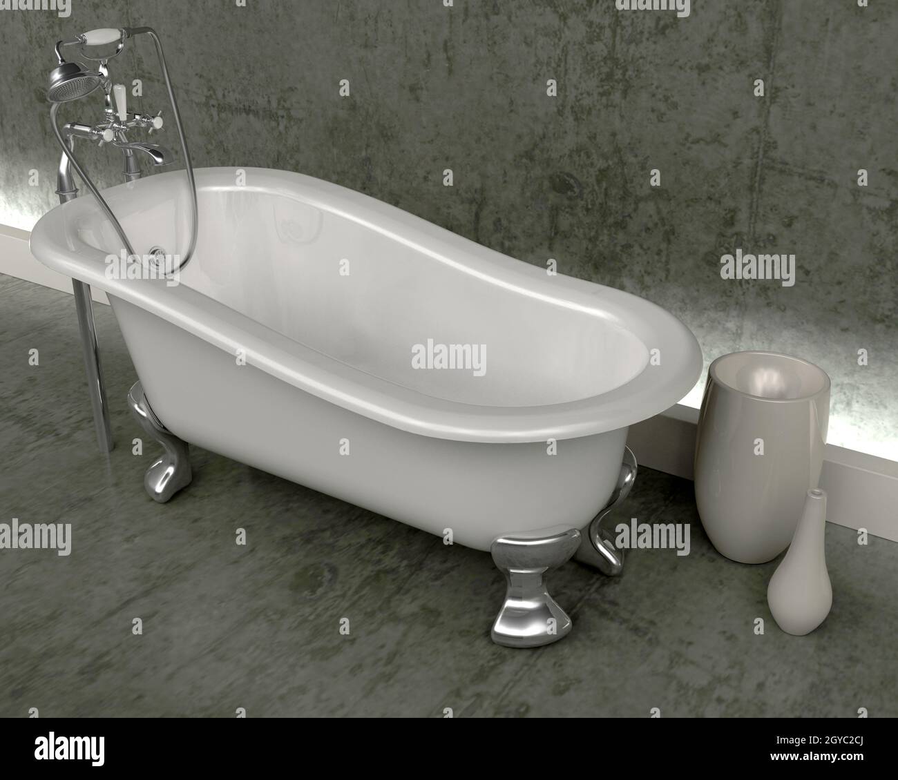 3d render of classic roll top bath and taps with shower attatchment in ...