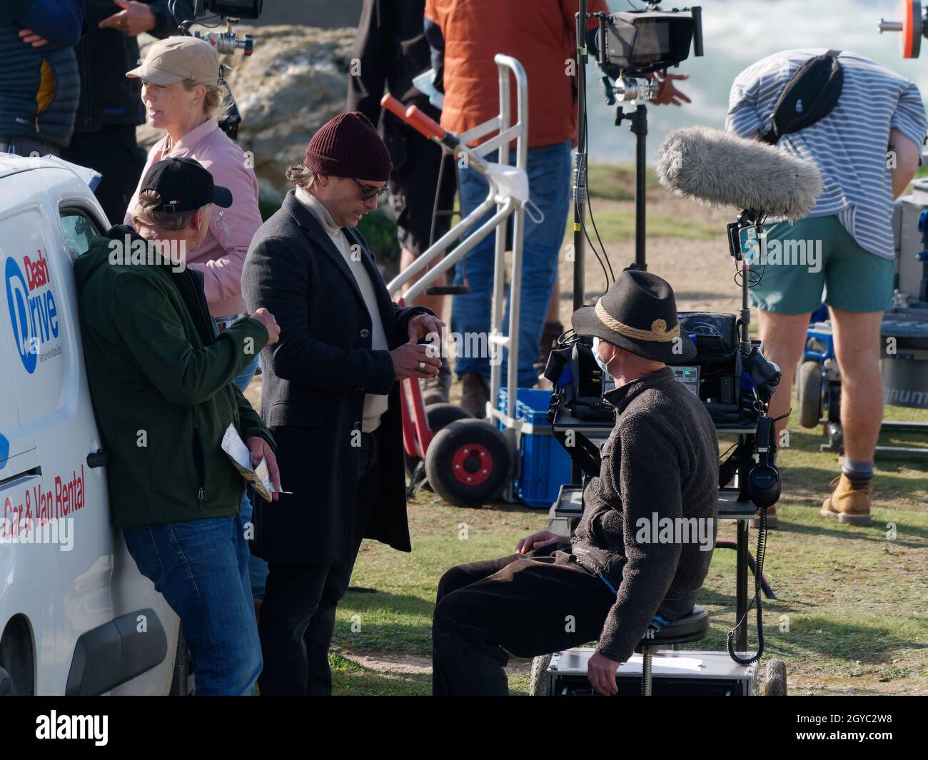 Cornwall UK, Newquay. Location filming at Fistral beach. The two ...
