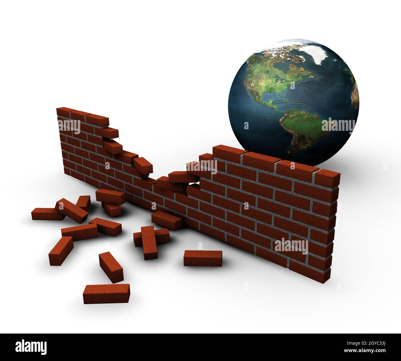 3D render of a globe behind a broken brick wall depicting breached ...