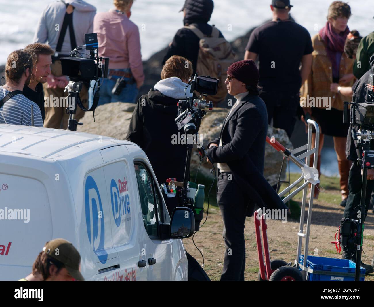 Cornwall UK, Newquay. Location filming at Fistral beach. The two ...