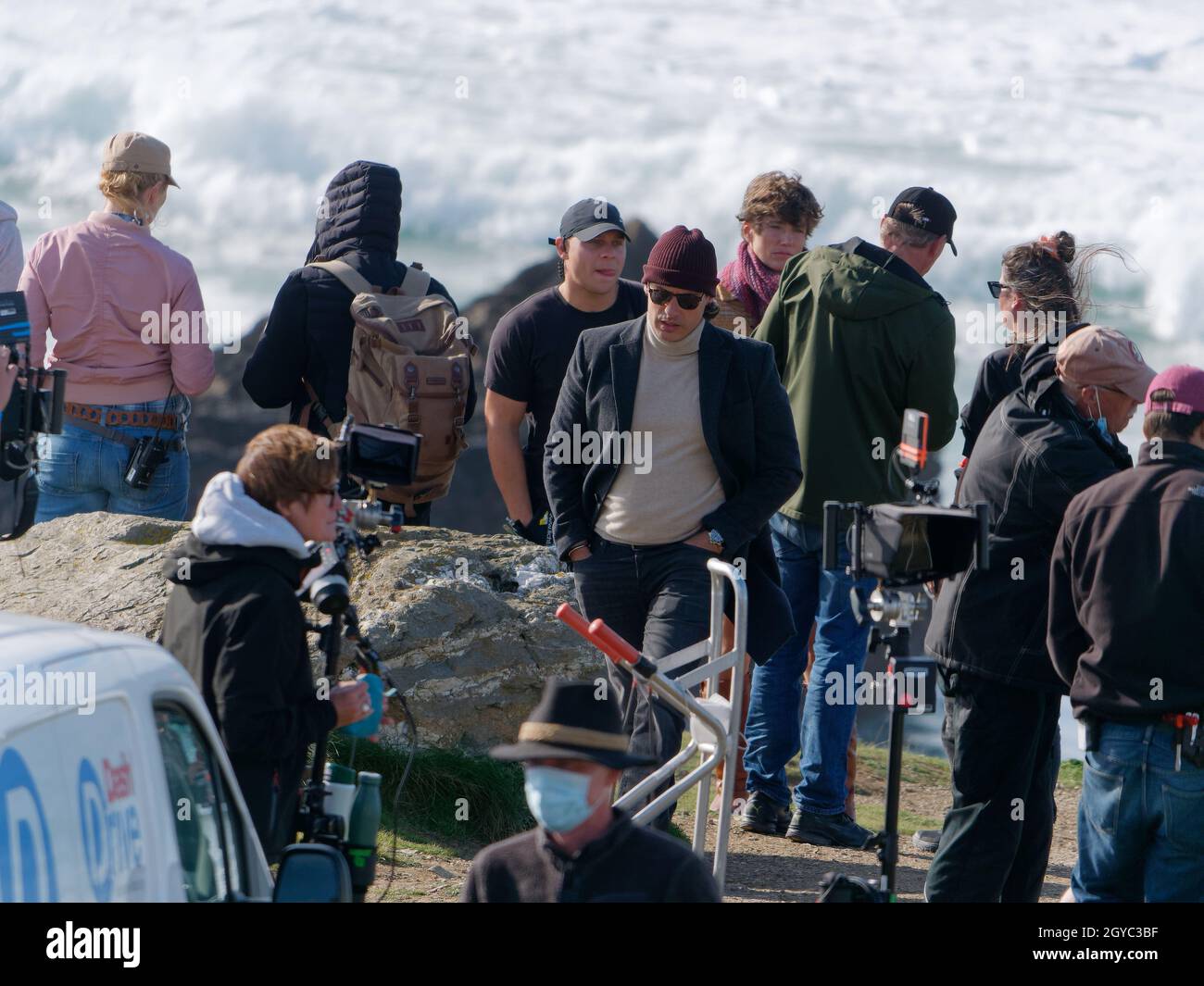 Cornwall UK, Newquay. Location filming at Fistral beach. The two ...