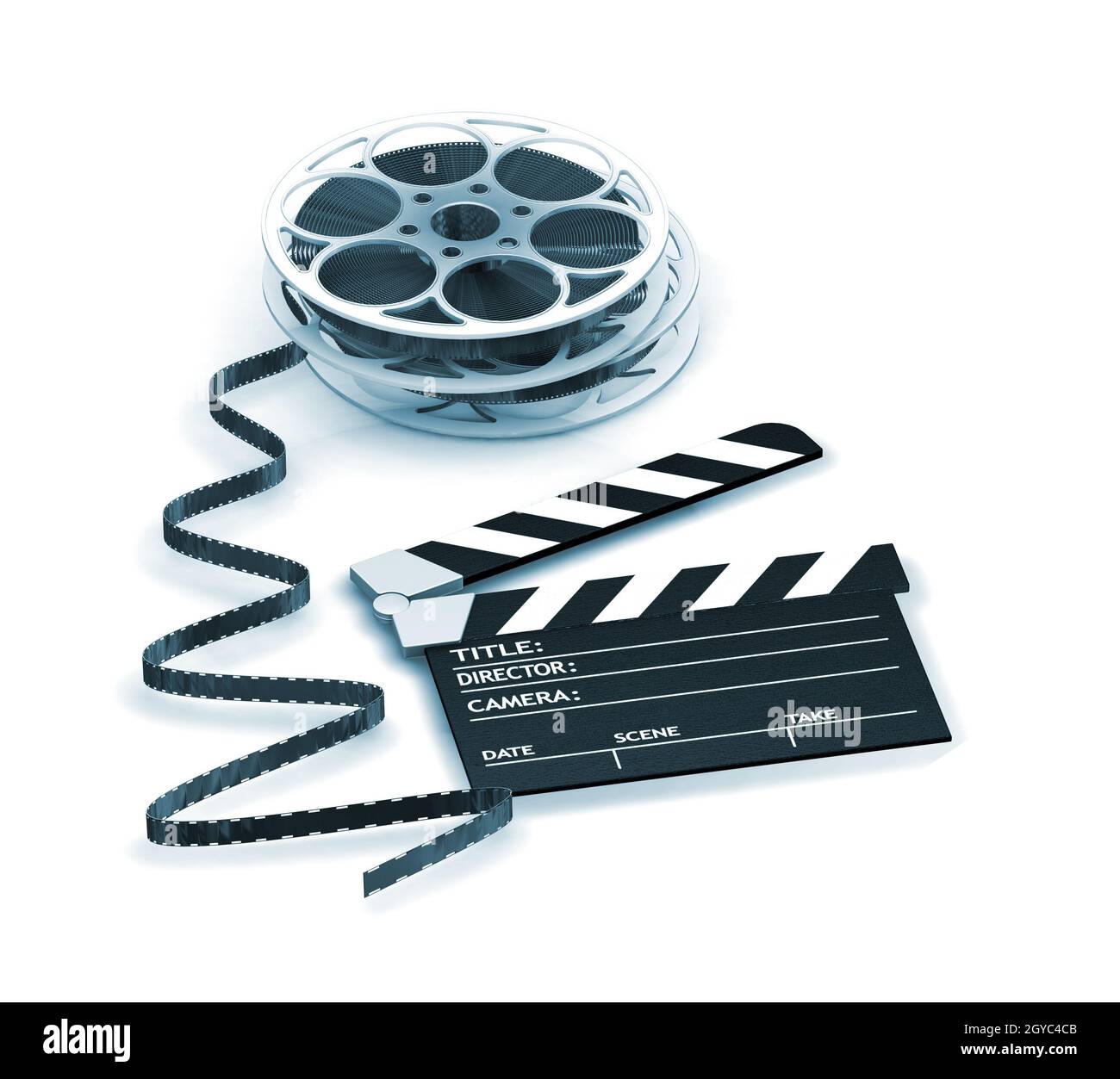 3D render of a clapper board and film reels Stock Photo - Alamy