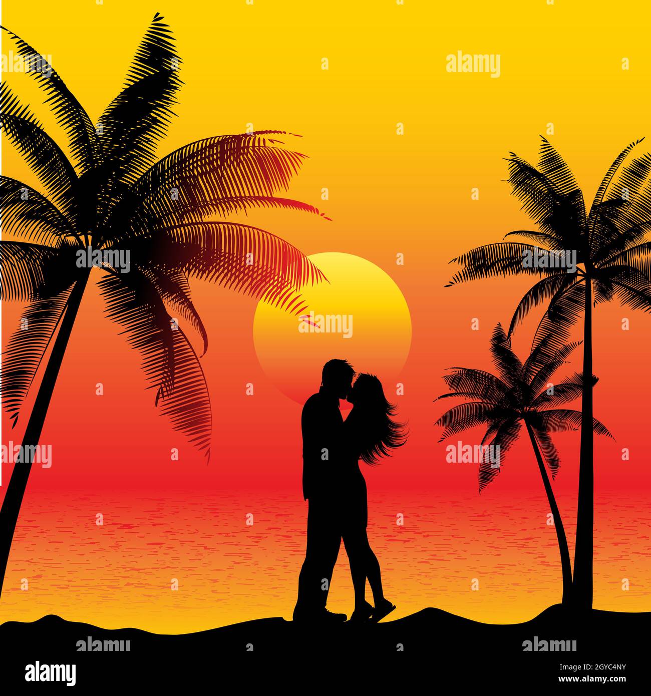 Sunset Couple Silhouette Beach