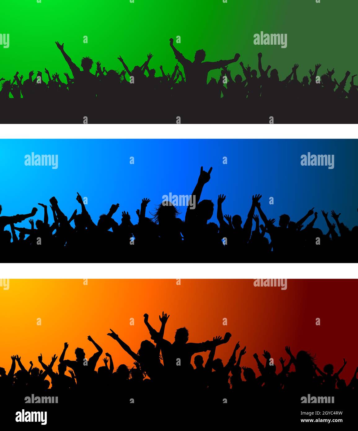 Collection of three different crowd scenes on colourful backgrounds ...
