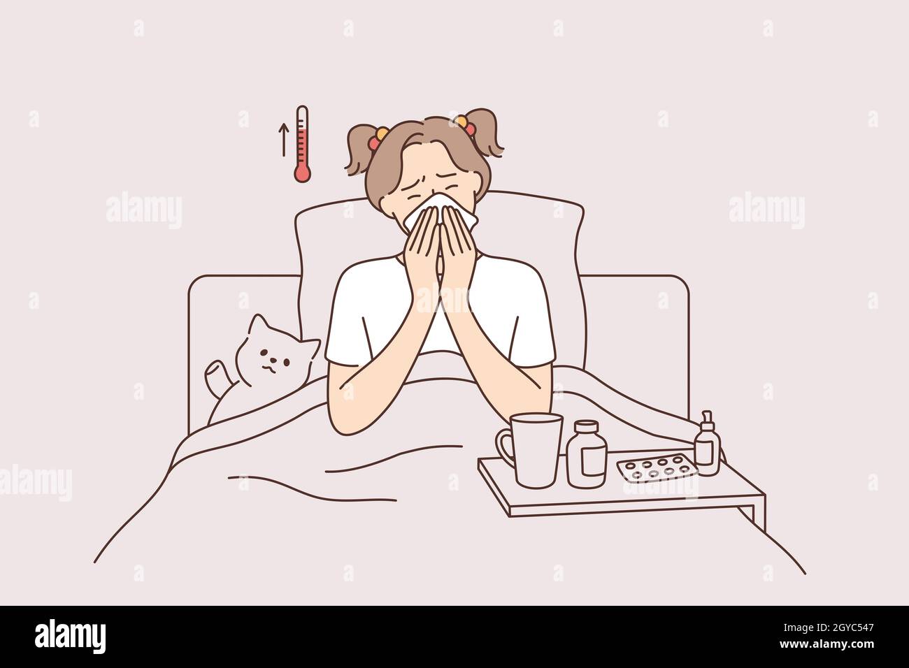 Fever, illness and feeling ill concept. Little girl cartoon character ...