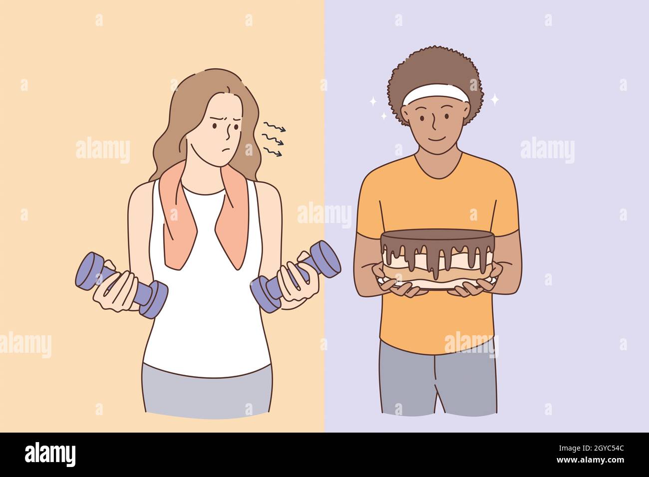 Active lifestyle or eating sweets concept. Young stressed frustrated ...