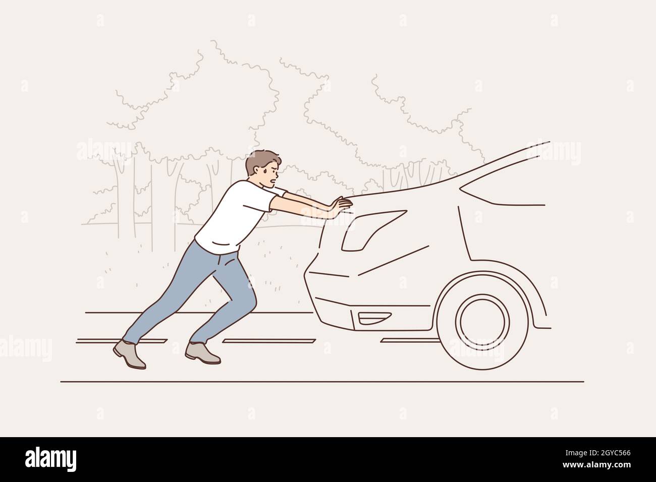 Car breakdown and service concept. Tired young man cartoon character ...