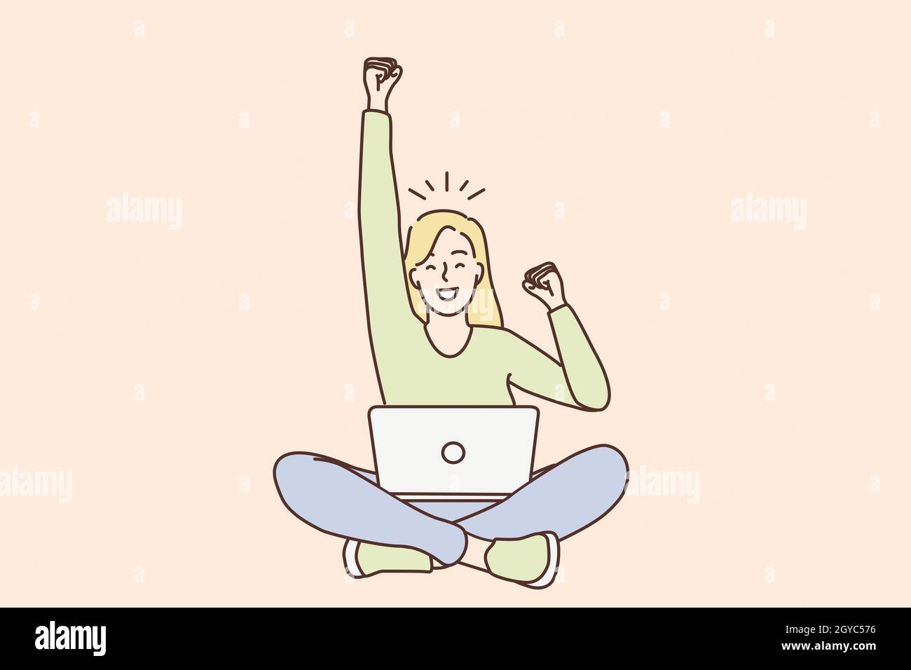 Celebrating success in work, freelance concept. Young smiling woman ...