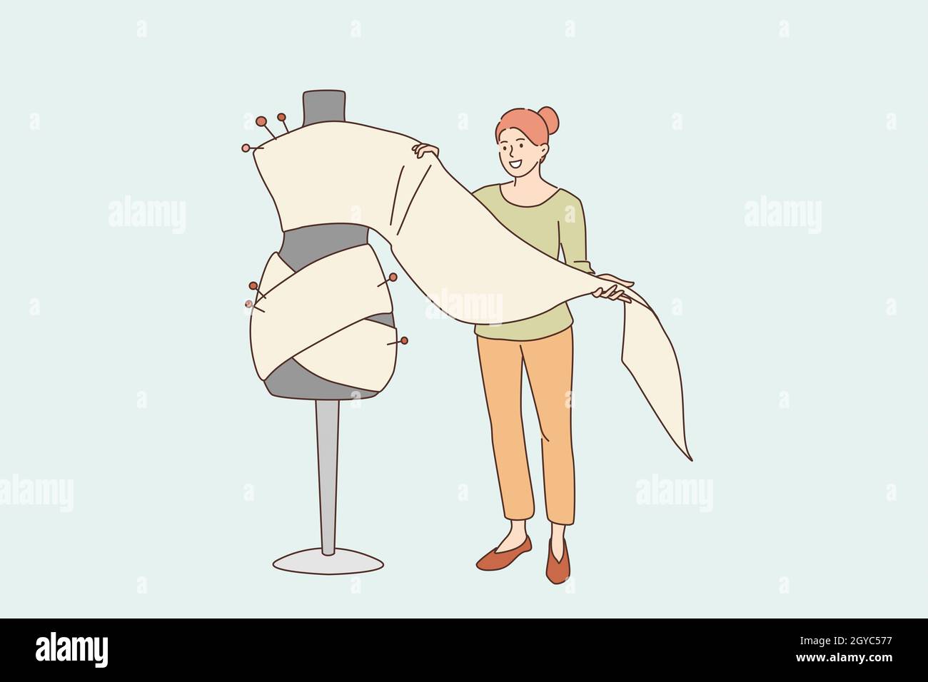 Dressmaking and fashion design concept. Young smiling woman cartoon ...