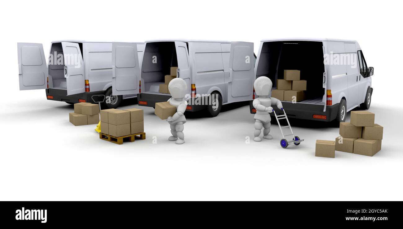 3D render of people unloading and loading vans Stock Photo - Alamy
