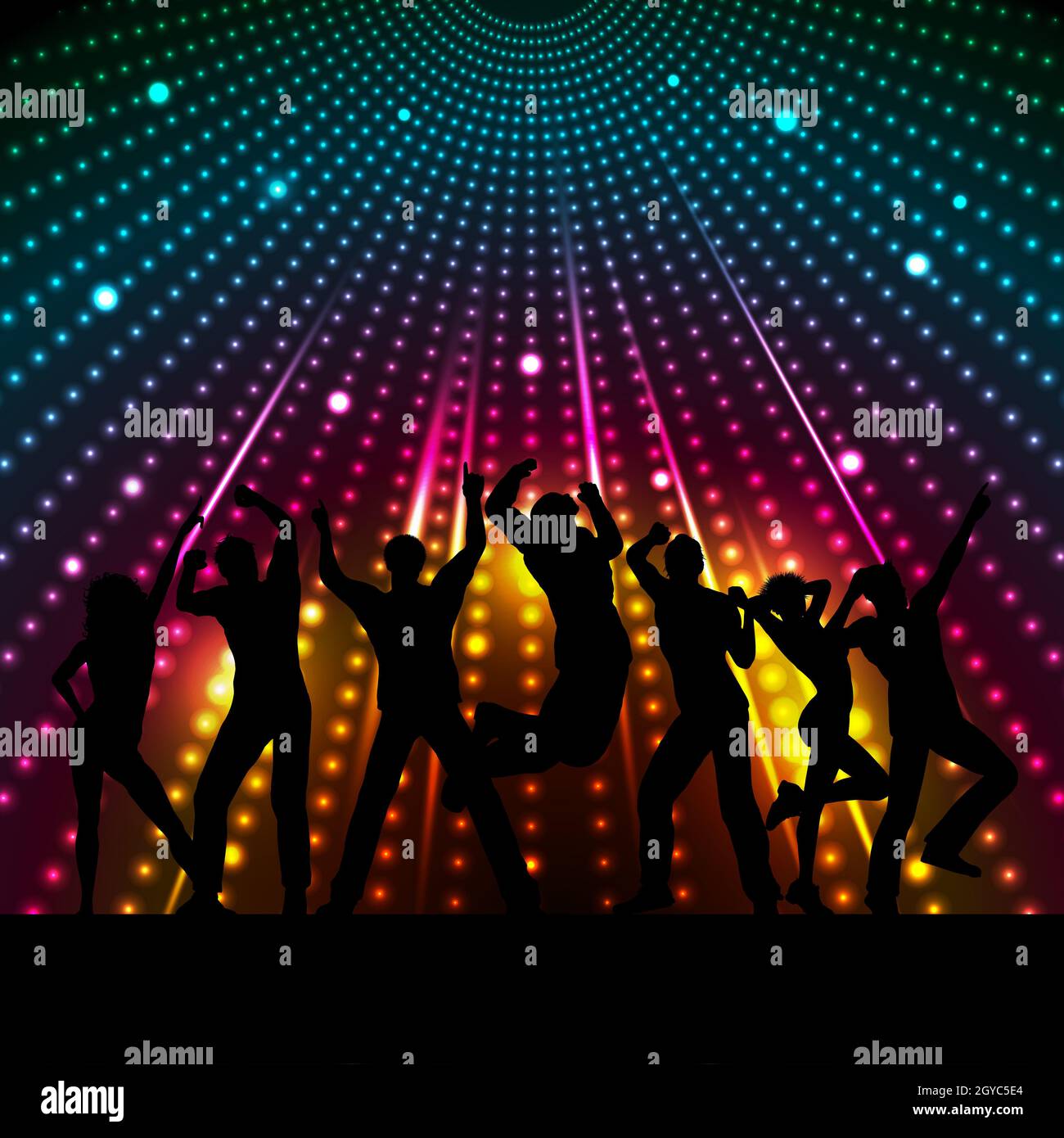 Silhouettes of people dancing on a disco lights background Stock Photo ...
