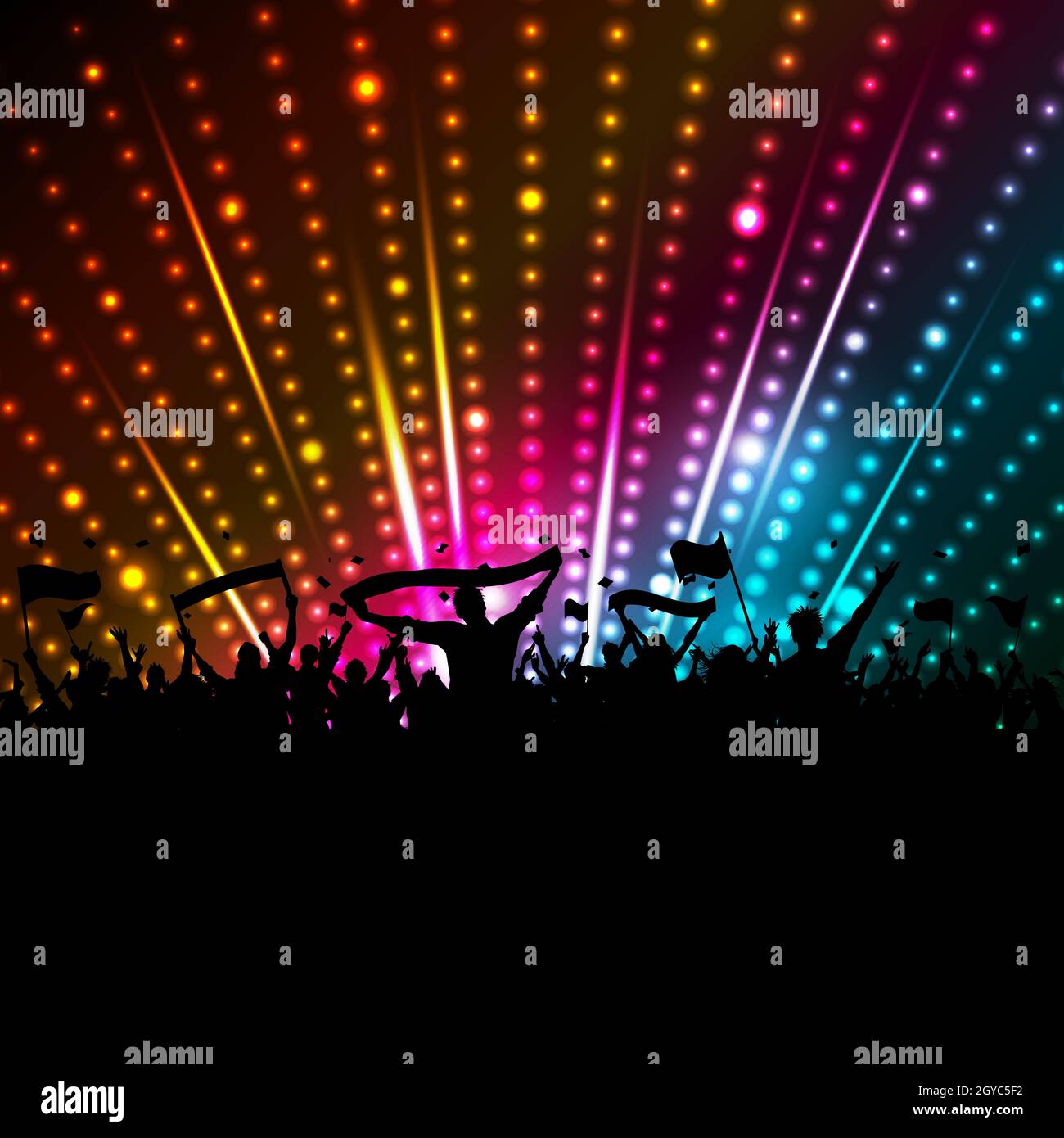 Silhouette of a crowd with banners and flags on a disco lights ...